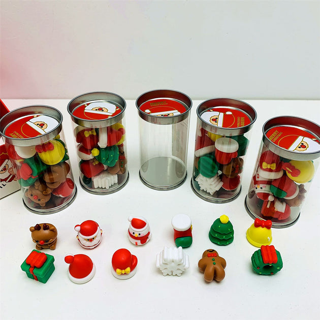Christmas Mini Erasers – 12 Pieces in 1 Cane | Cute 3D Santa, Reindeer ...